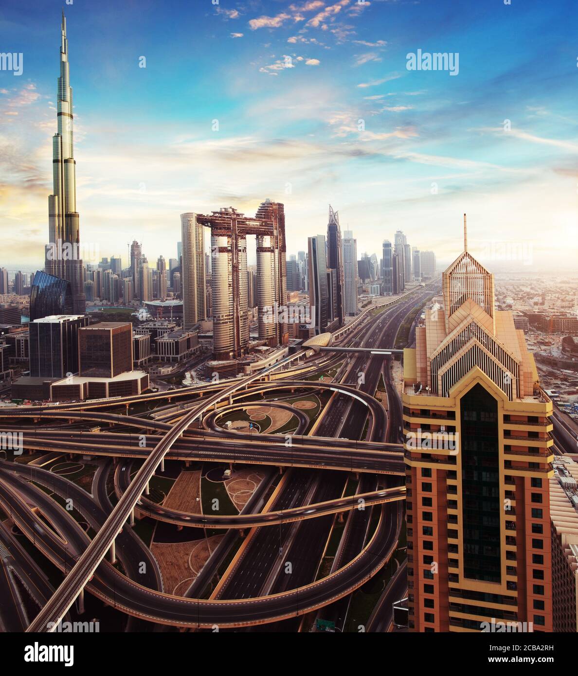 Dubai sunset panoramic view of downtown. Dubai is super modern city of ...
