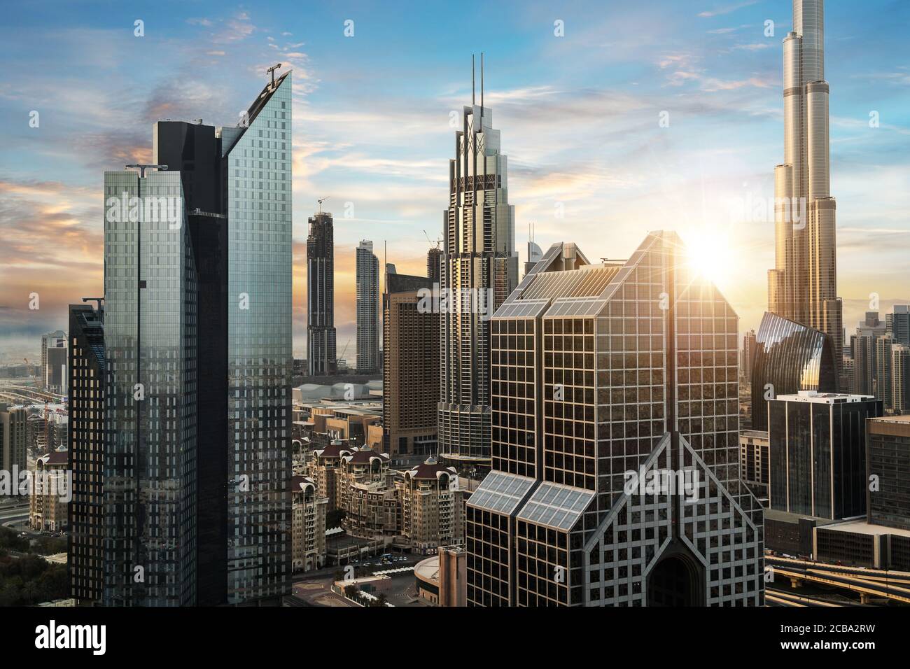 Dubai sunset panoramic view of downtown. Dubai is super modern city of ...
