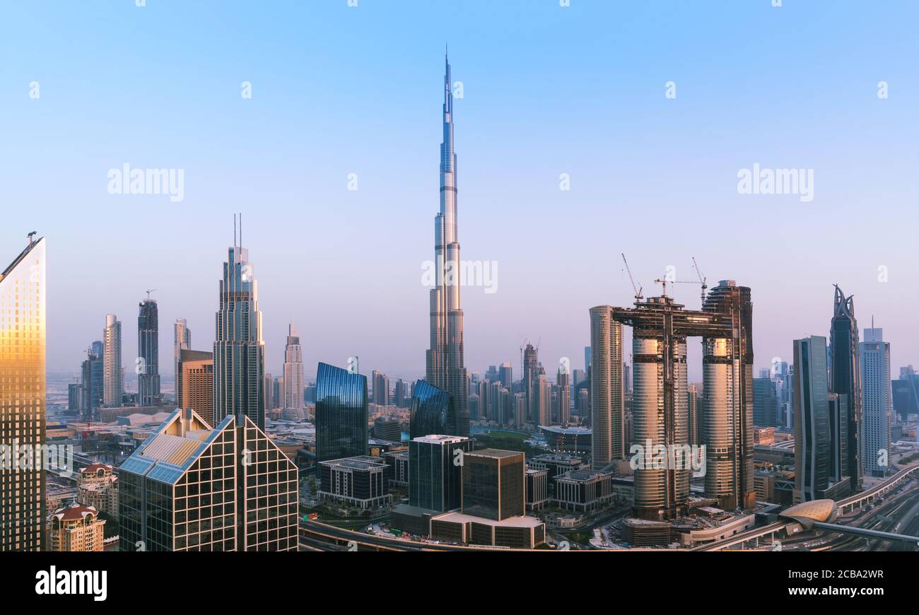 Dubai sunset panoramic view of downtown. Dubai is super modern city of ...