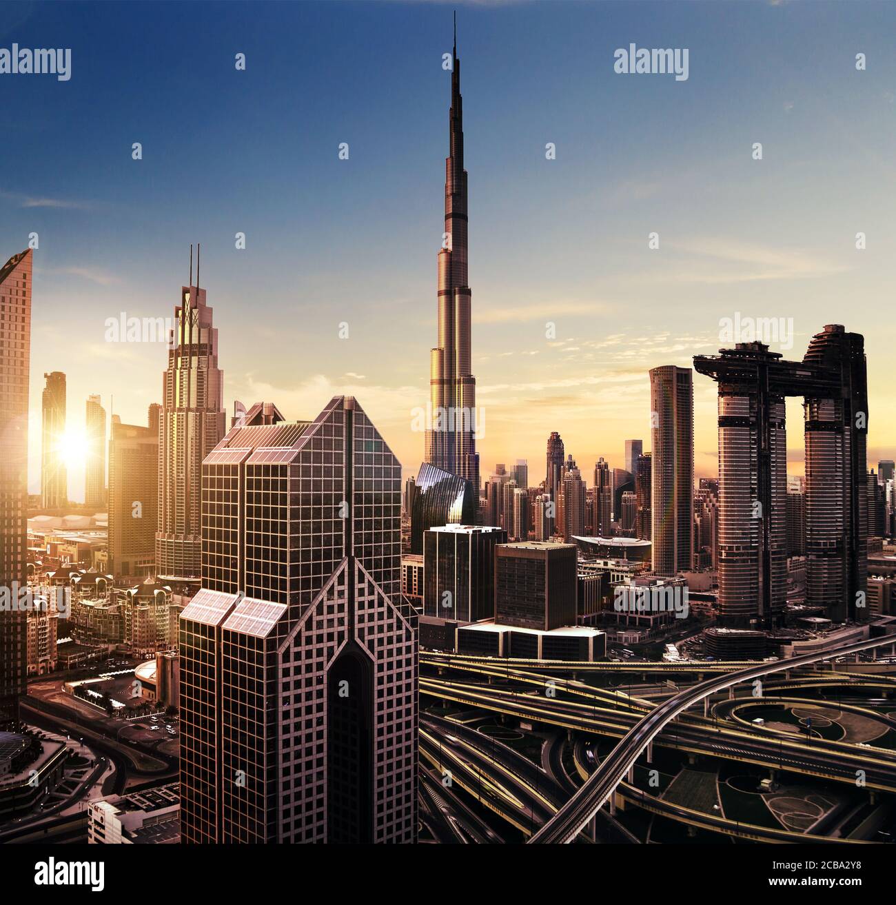 Dubai sunset panoramic view of downtown. Dubai is super modern city of ...