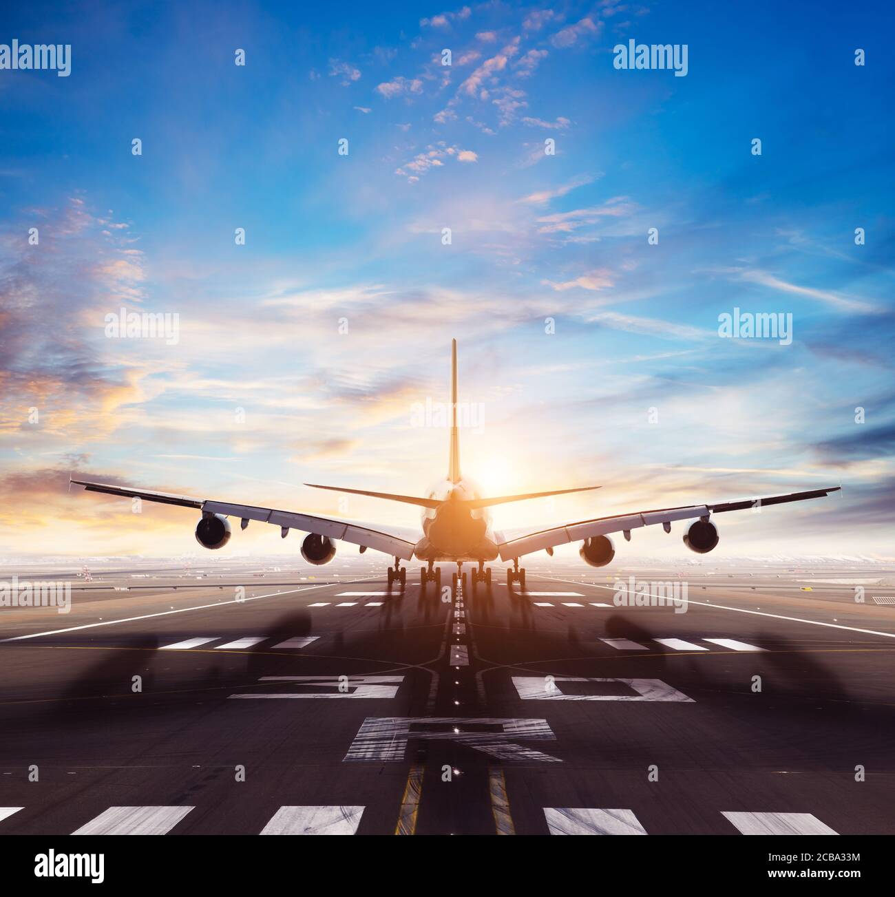 Huge two storeys commercial jetliner taking of runway. Modern and ...