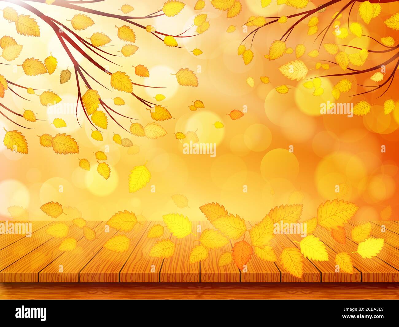 Wooden table with orange leaves. Autumn nature background. Vector ...