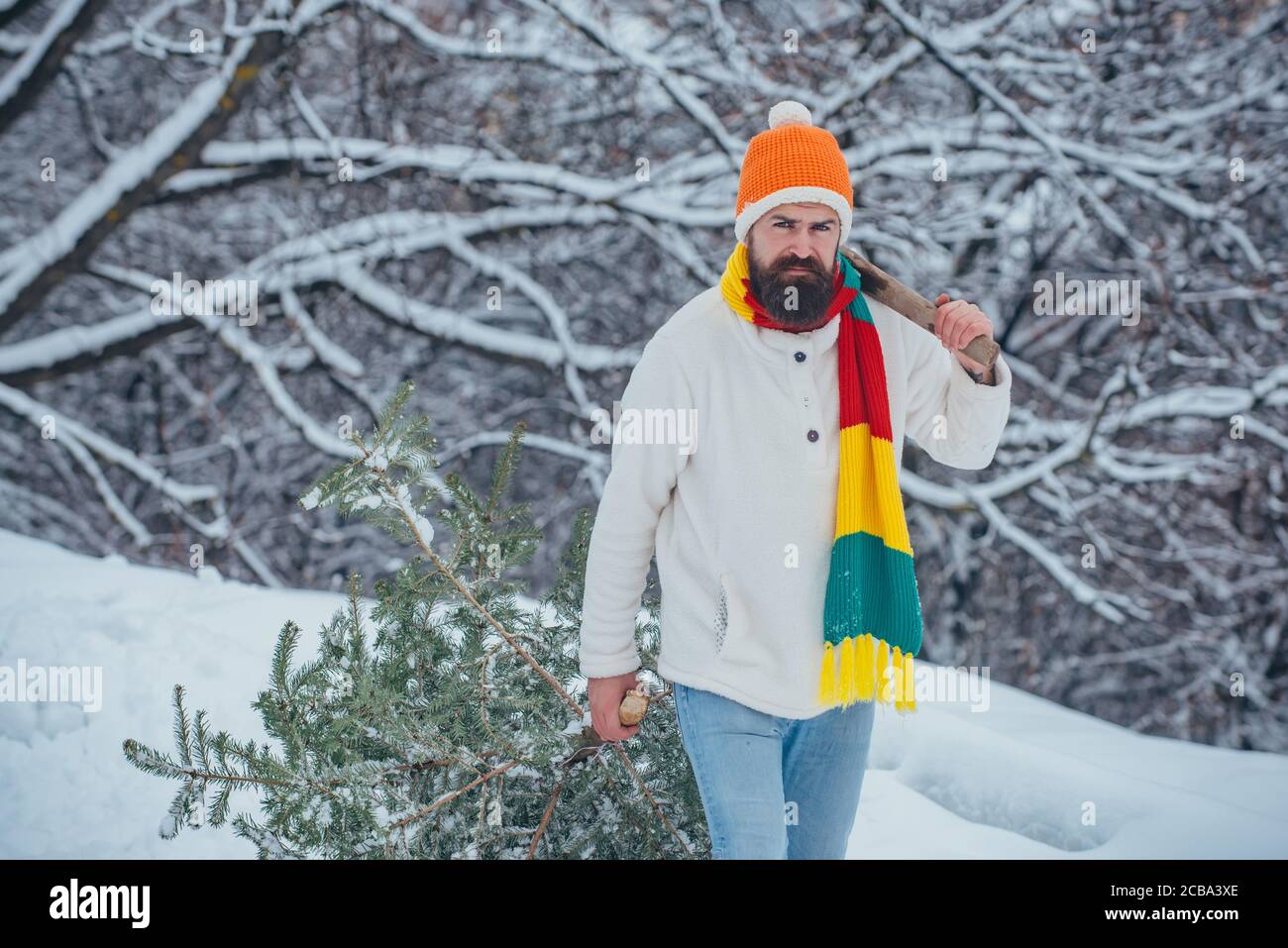 Funny Santa man posing with axe and Christmas tree. Man lumberman with ...