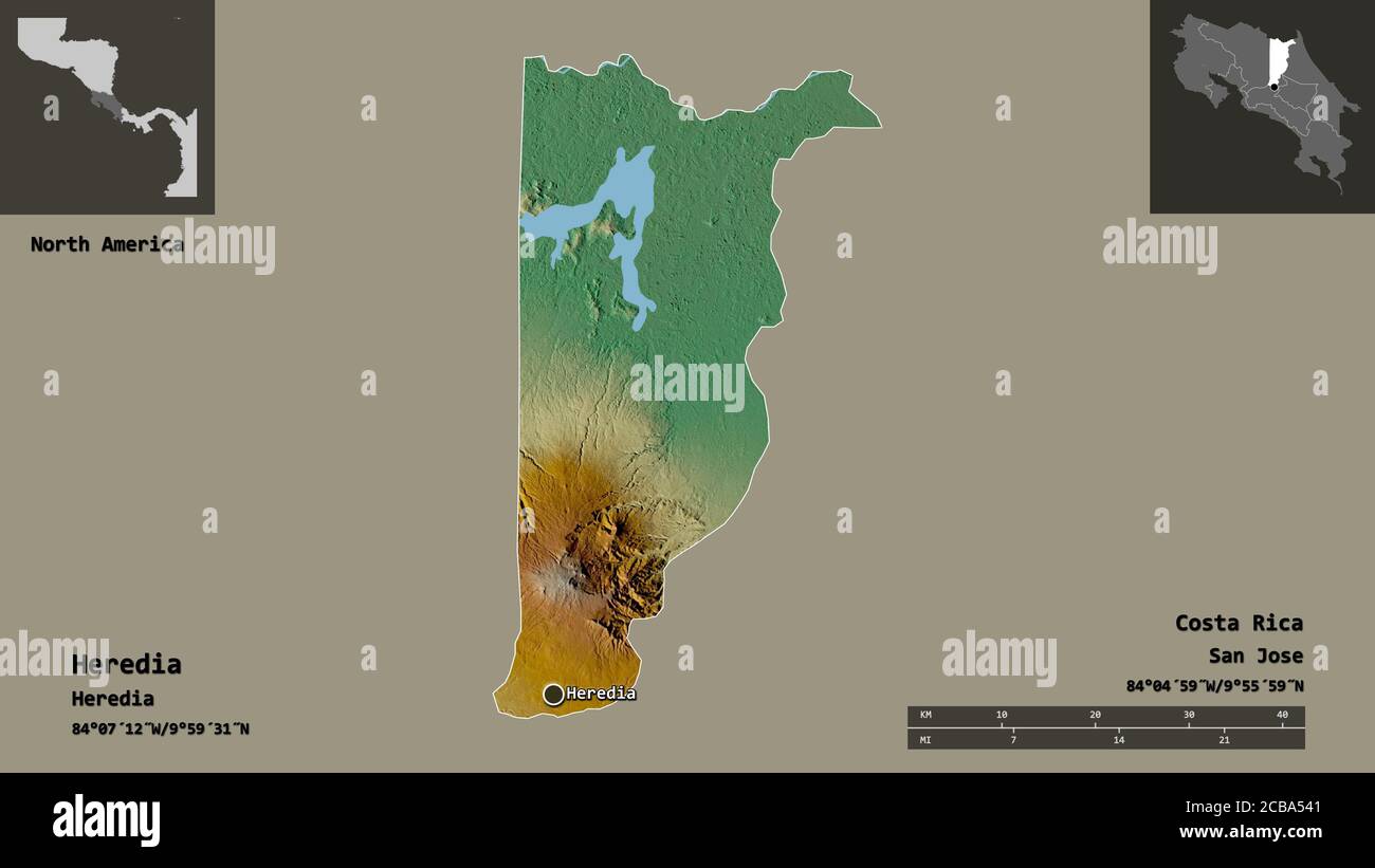 Shape of Heredia, province of Costa Rica, and its capital. Distance ...