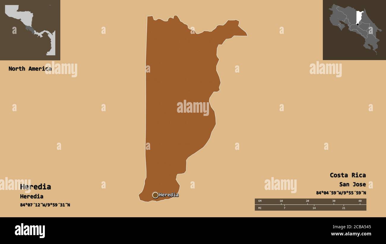 Shape of Heredia, province of Costa Rica, and its capital. Distance ...