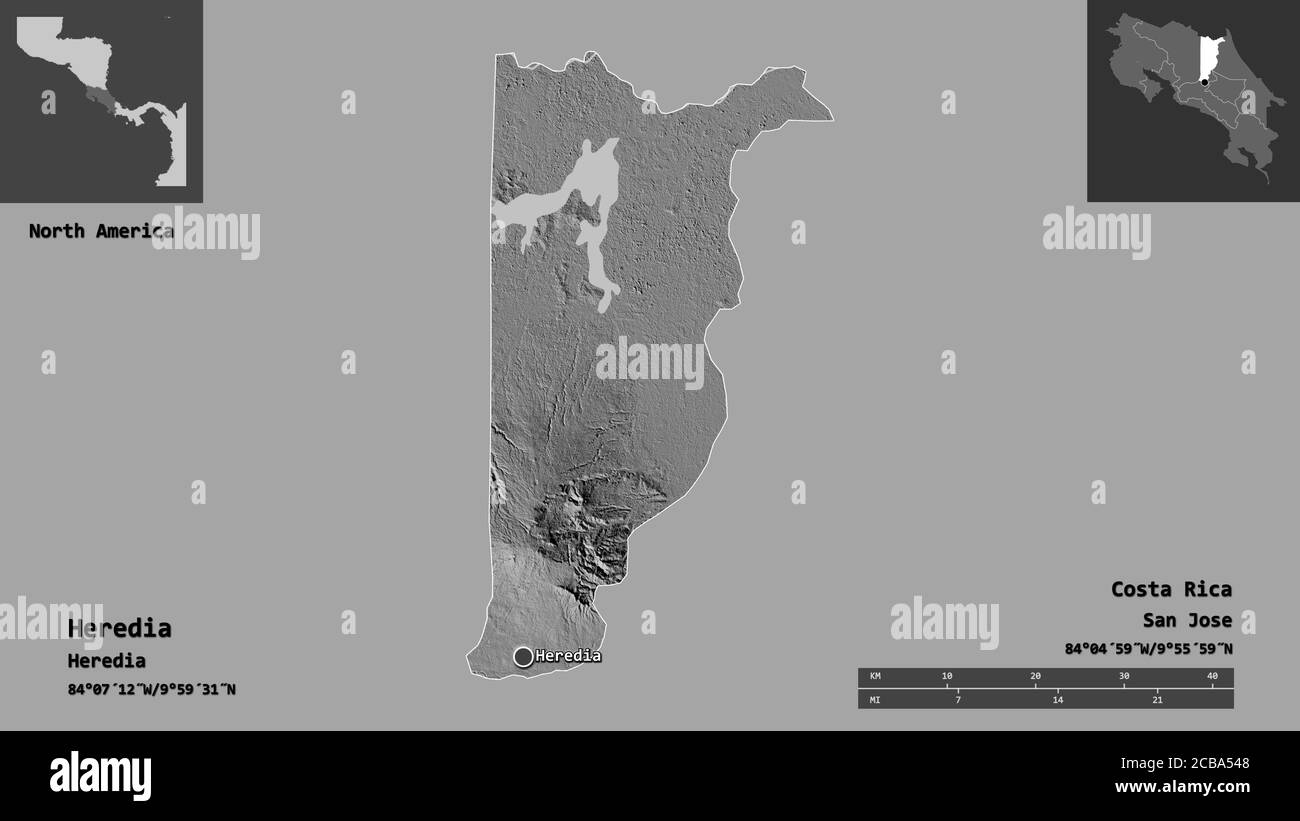 Shape of Heredia, province of Costa Rica, and its capital. Distance ...