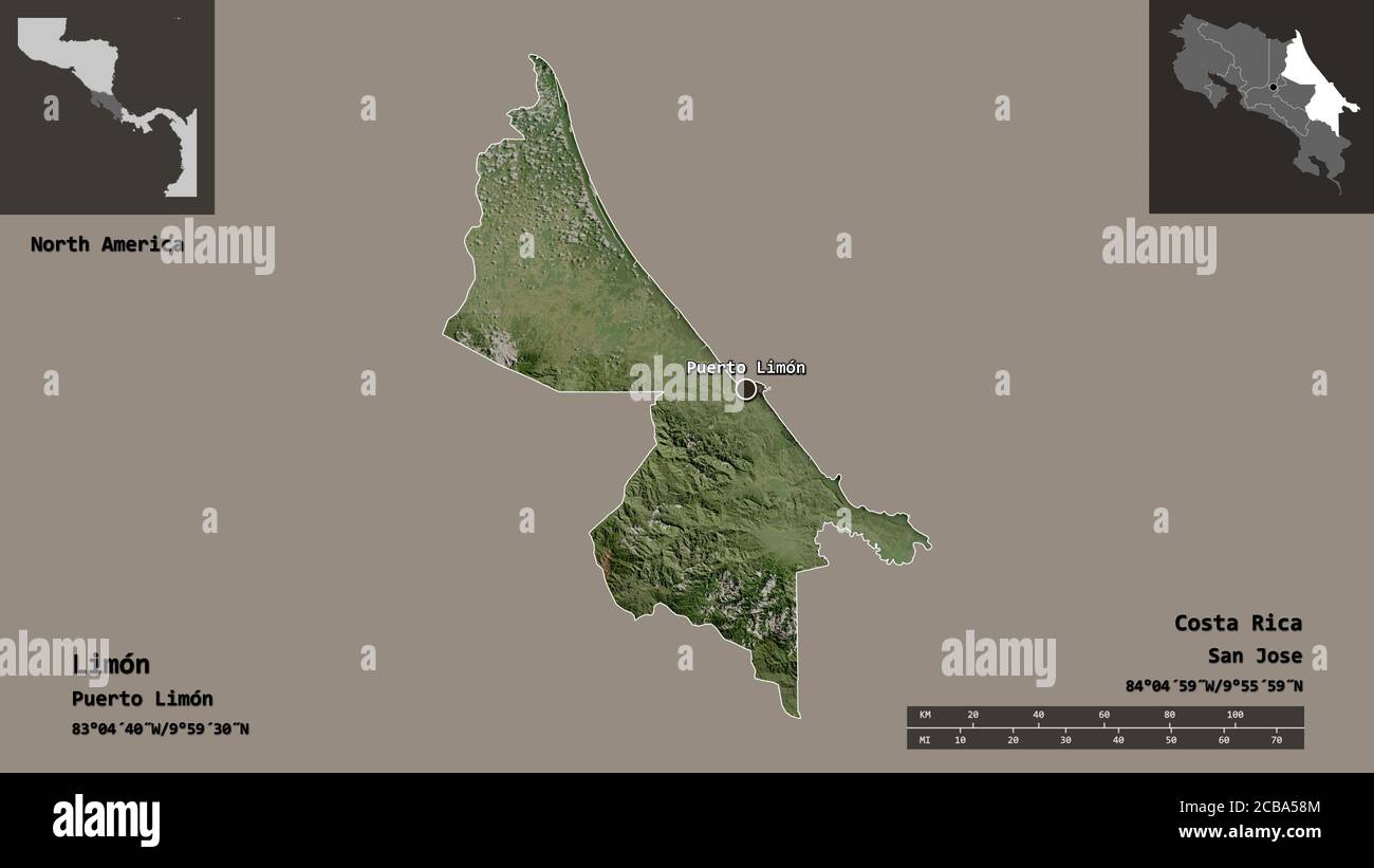 Shape of Limón, province of Costa Rica, and its capital. Distance scale ...
