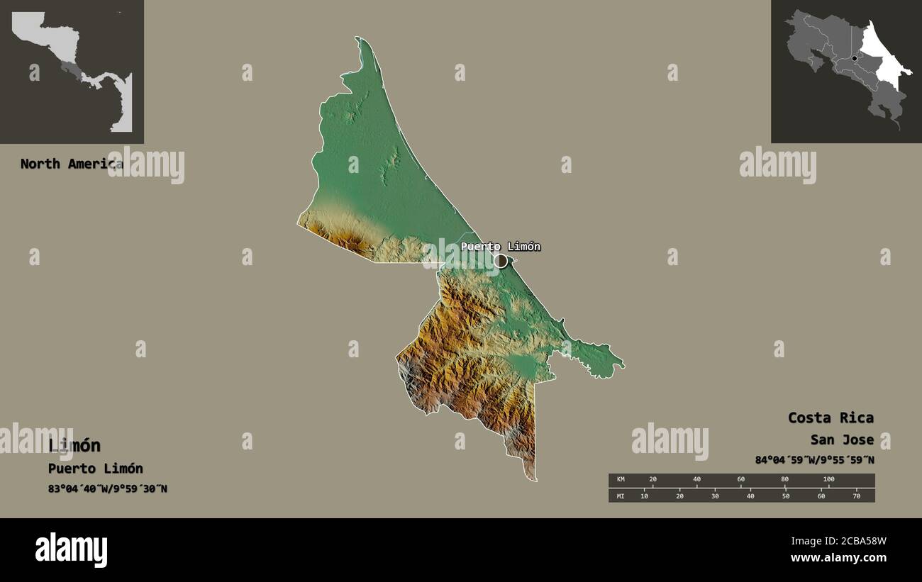 Shape of Limón, province of Costa Rica, and its capital. Distance scale ...