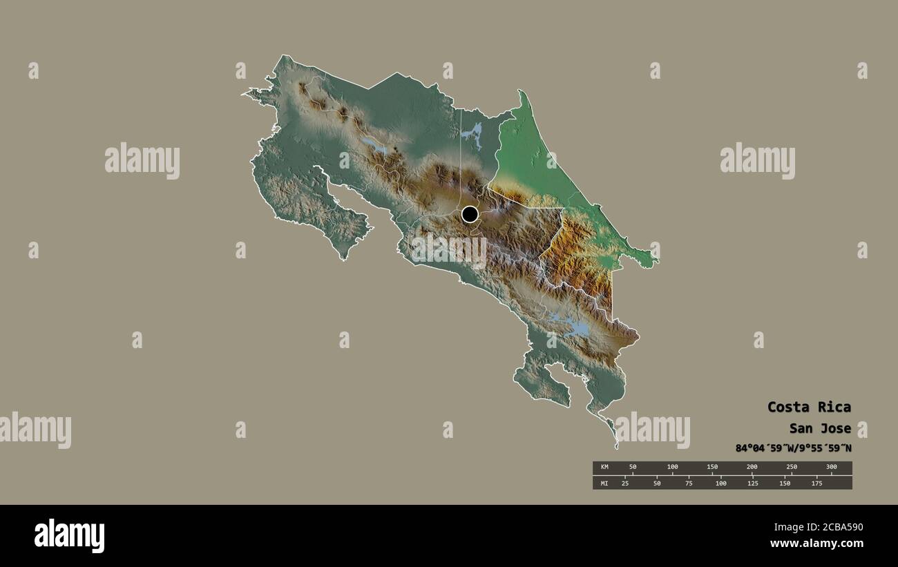 Desaturated shape of Costa Rica with its capital, main regional ...