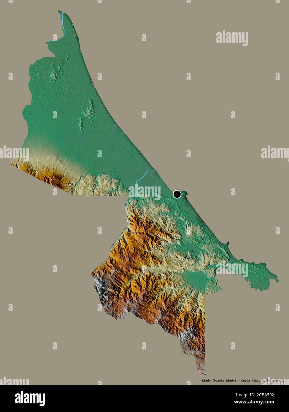 Shape of Limón, province of Costa Rica, with its capital isolated on a ...