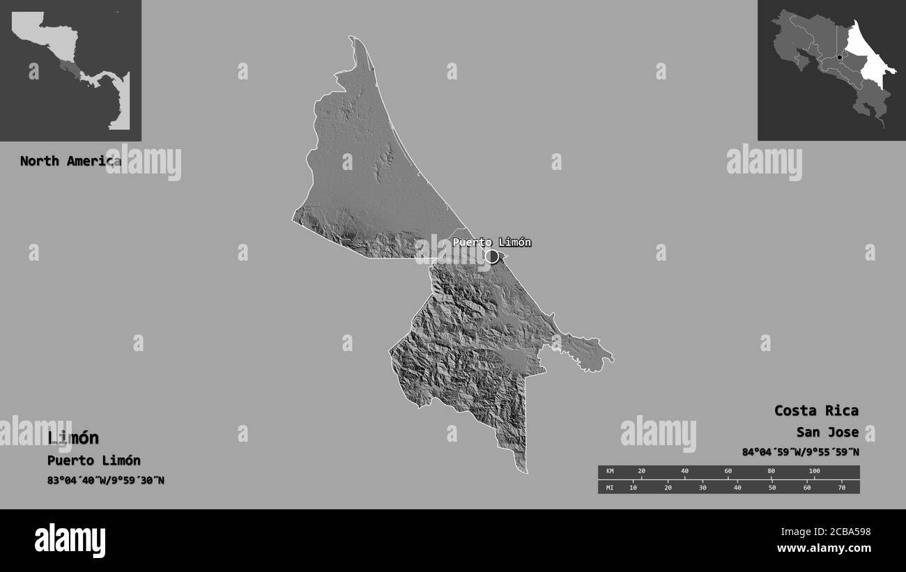 Shape of Limón, province of Costa Rica, and its capital. Distance scale ...