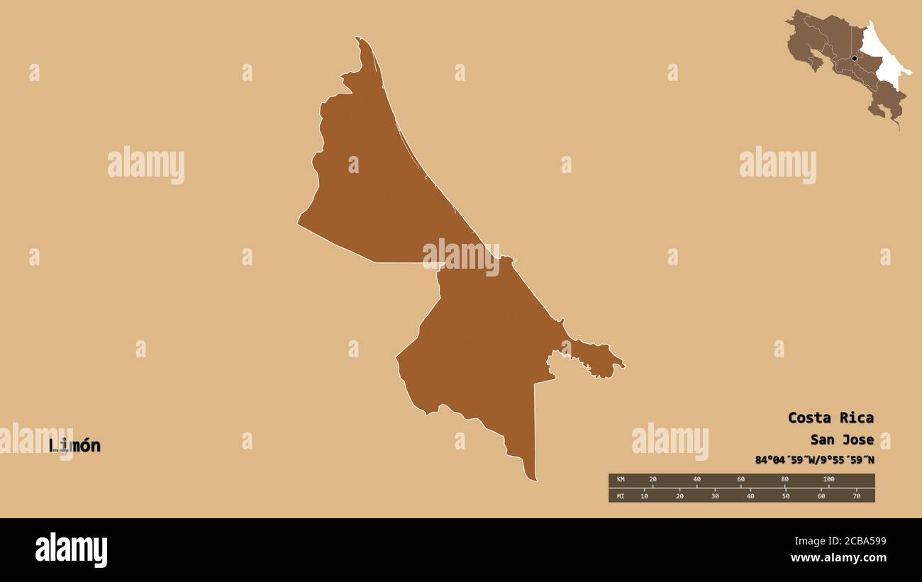 Shape of Limón, province of Costa Rica, with its capital isolated on ...