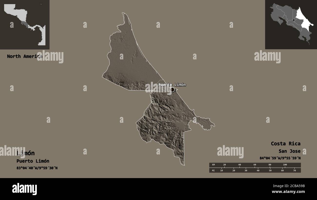 Shape of Limón, province of Costa Rica, and its capital. Distance scale ...
