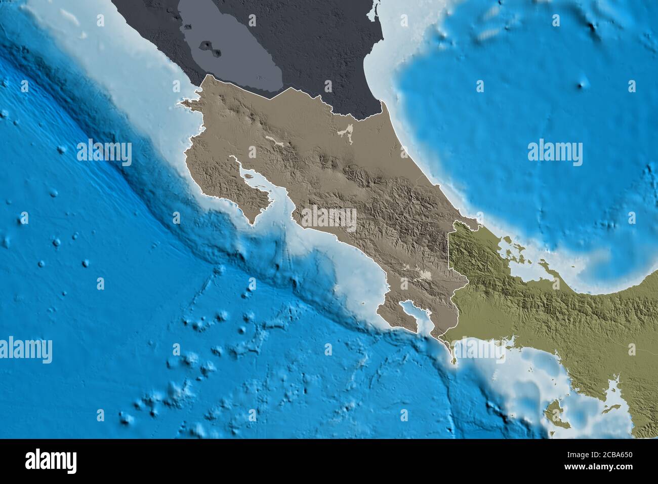 Extended area of outlined Costa Rica. Colored elevation map. 3D ...