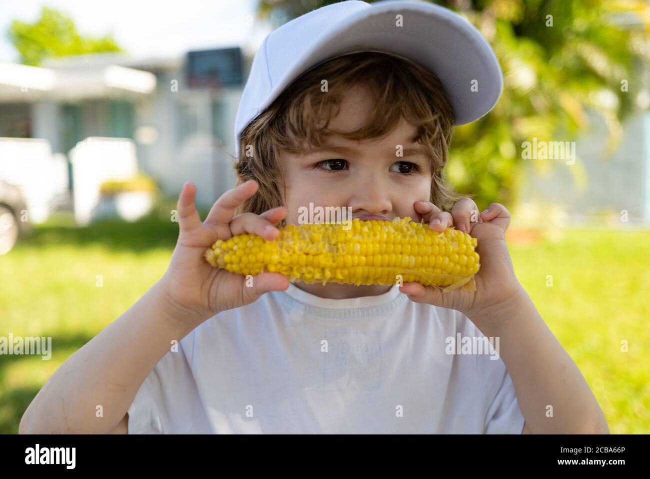 Boy child eating yellow corn with bare chest and funny face, green ...