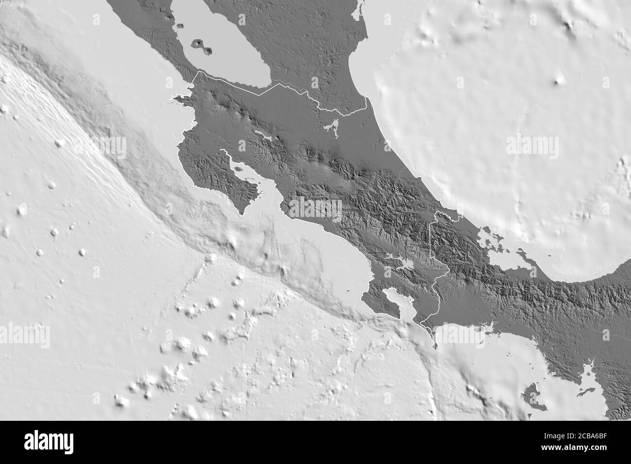 Extended area of outlined Costa Rica. Bilevel elevation map. 3D ...