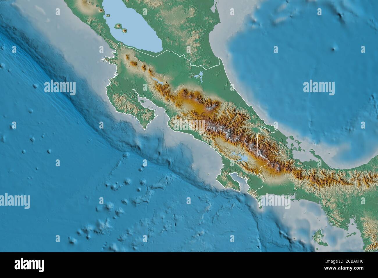 Extended area of outlined Costa Rica. Topographic relief map. 3D ...