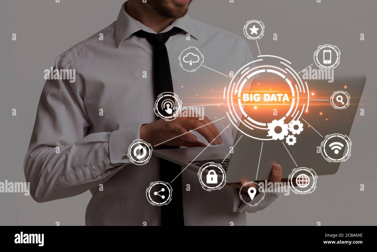 Collage with businessman working on laptop, words BIG DATA and cyber ...