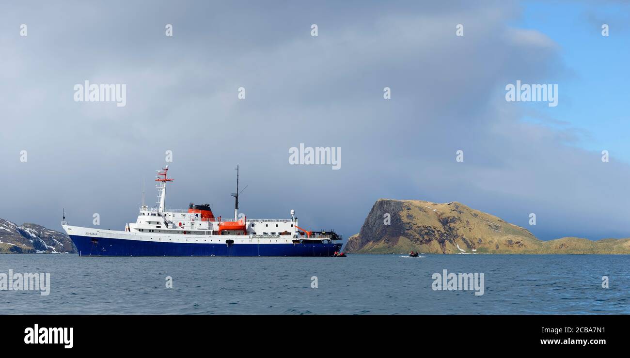 Expedition ship anchored in Stromness Bay, South Georgia, South Georgia ...
