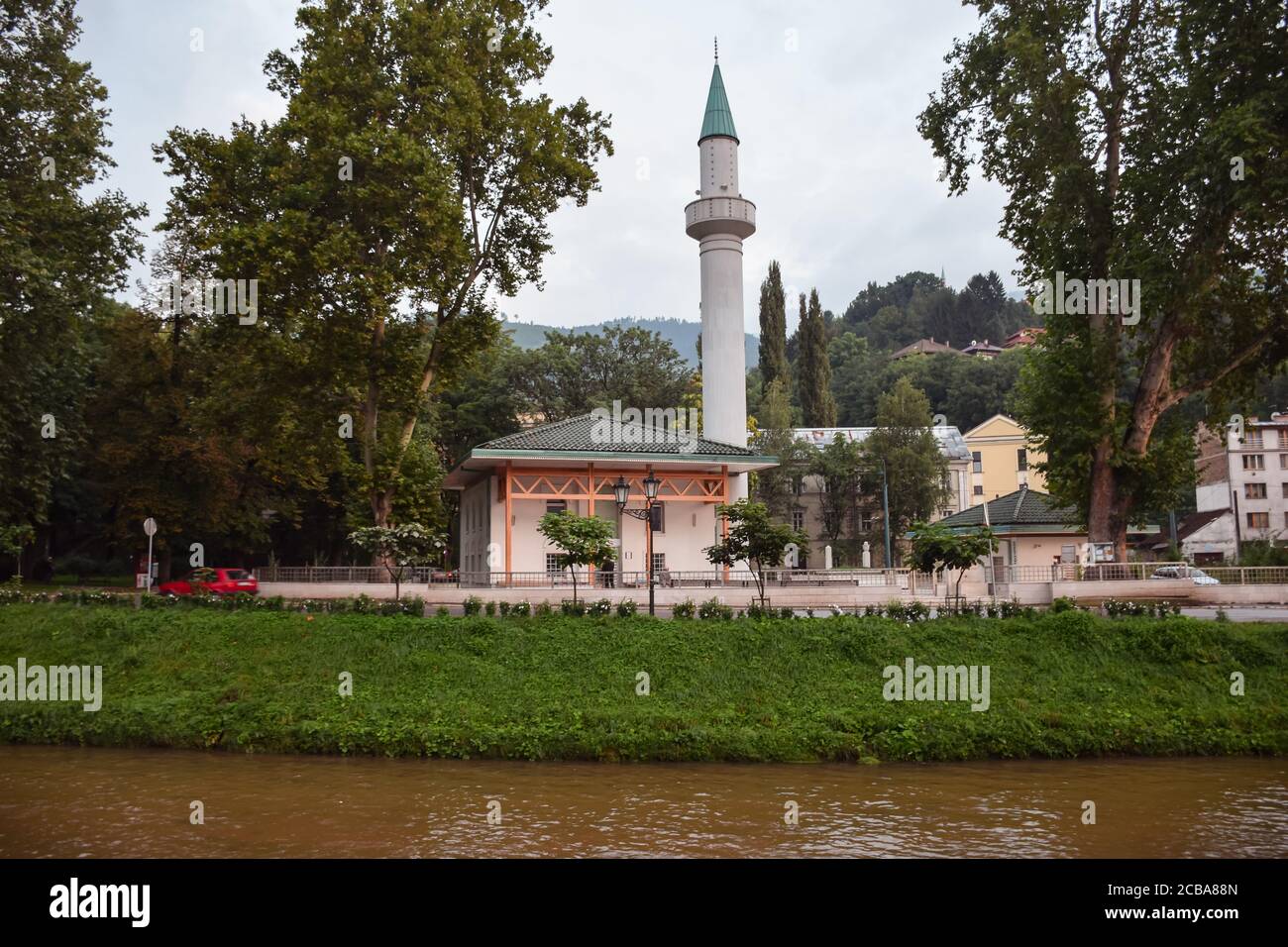 small mosque in village next to river in rural area of Bosnia ...