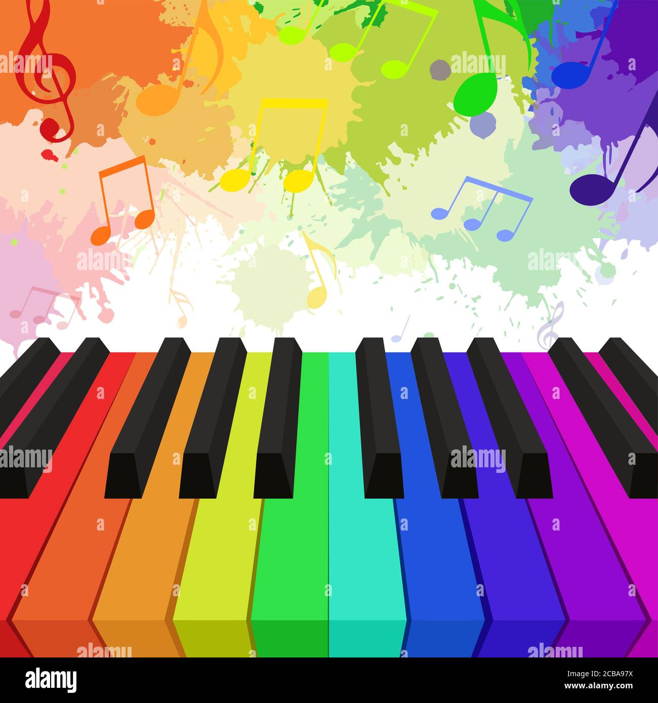 Illustration of rainbow colored piano keys, musical notes and ...