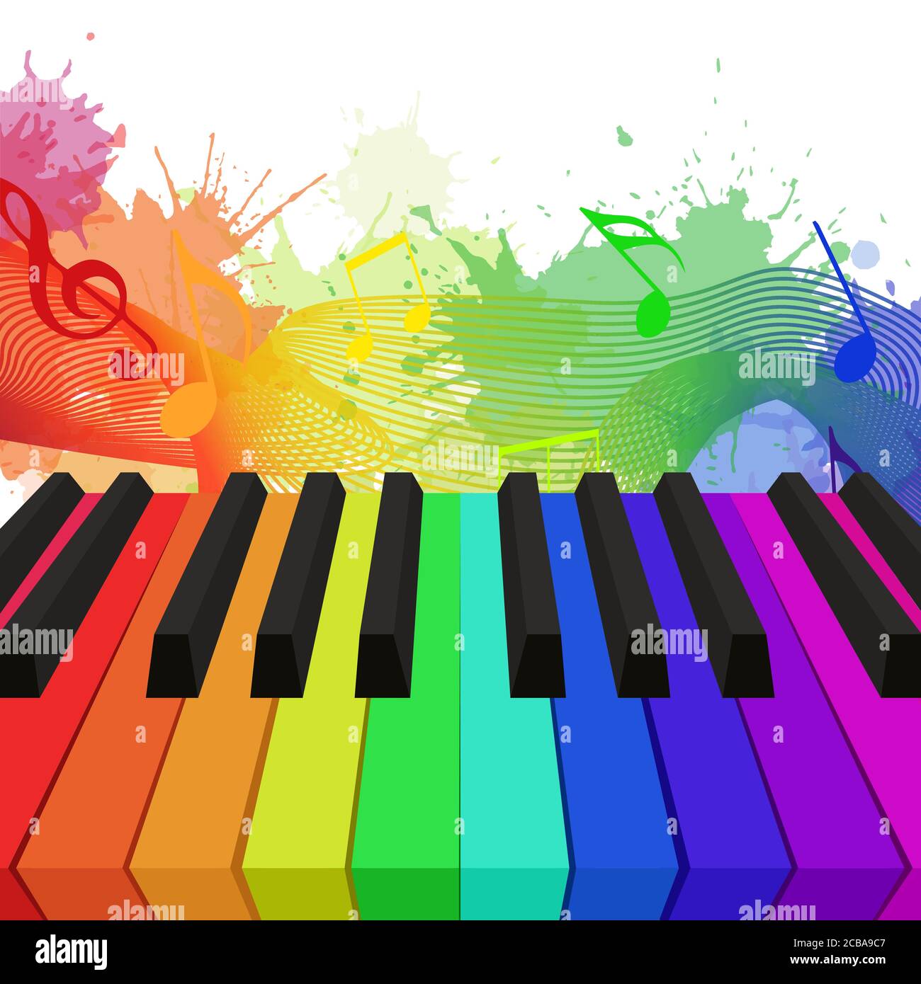 Illustration of rainbow colored piano keys, musical notes and ...