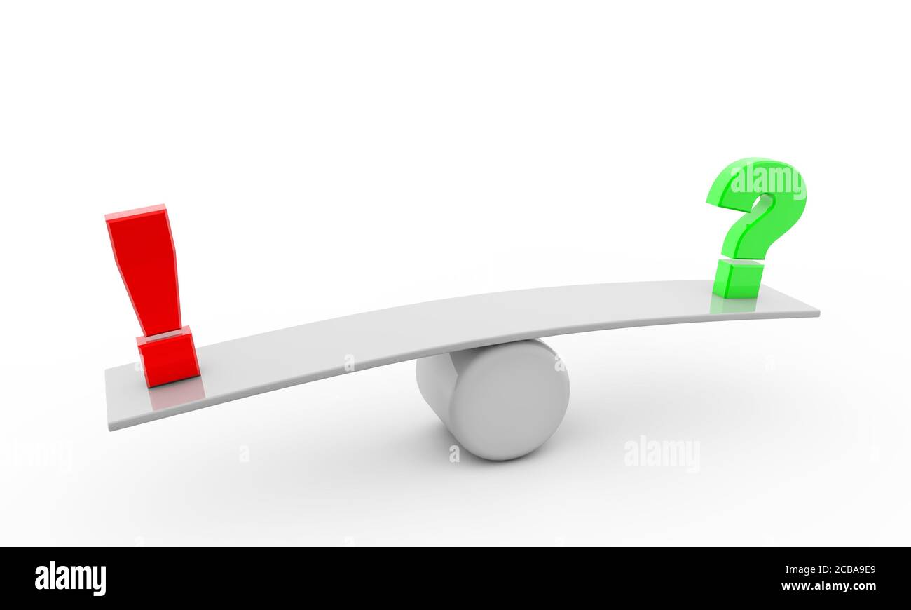 3D rendering of a red exclamation mark and a green question mark in a ...
