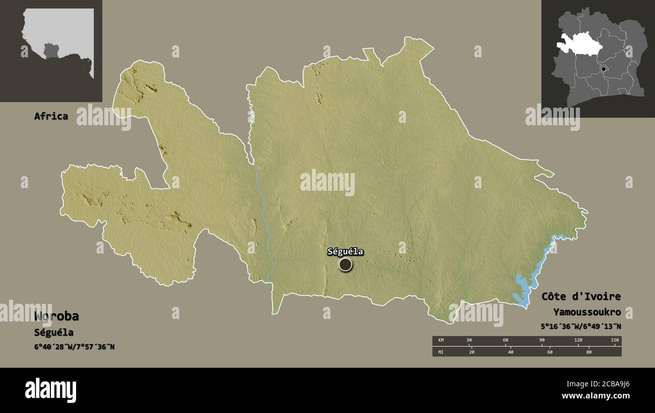 Shape of Woroba, district of Côte d'Ivoire, and its capital. Distance ...