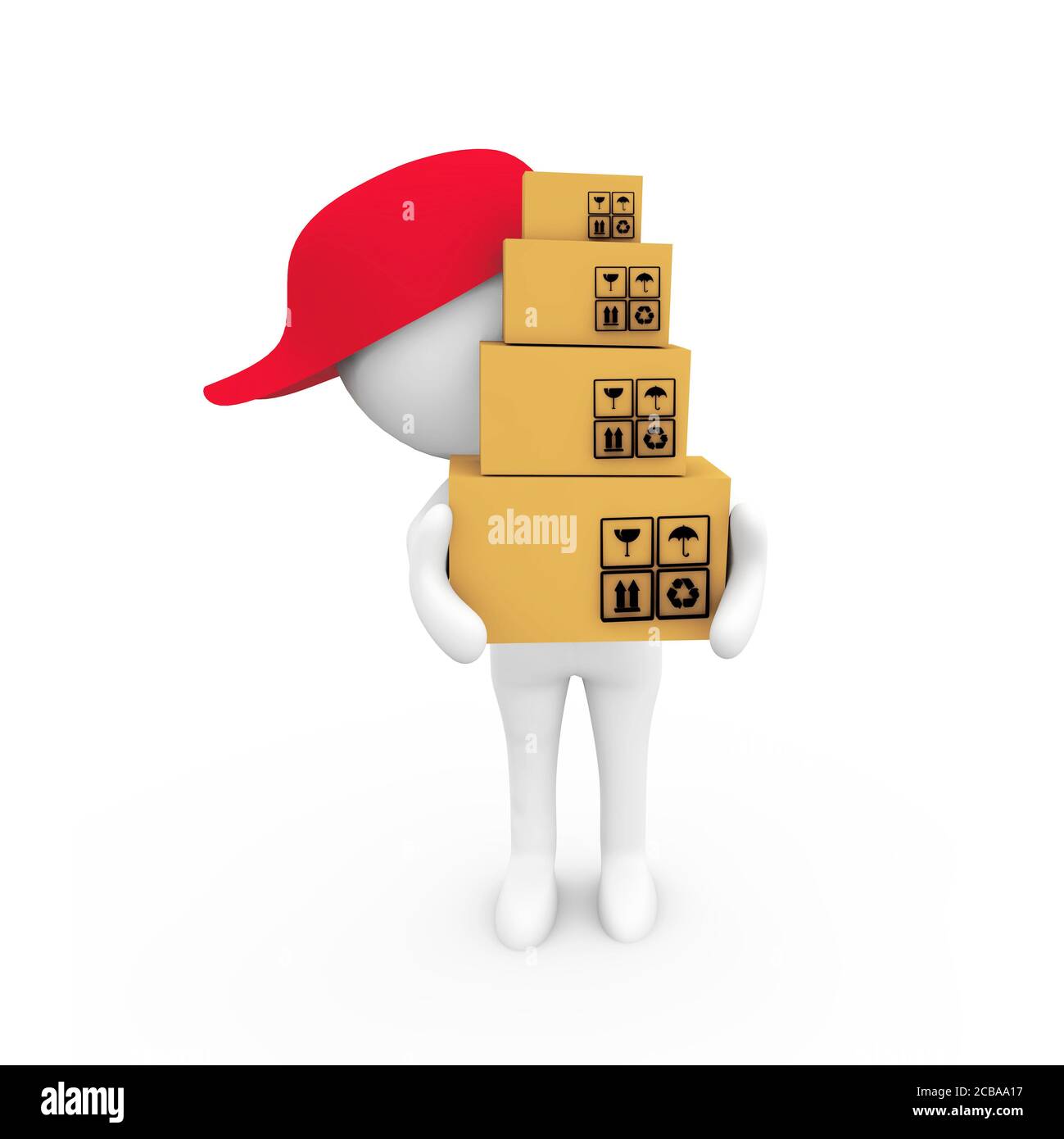 3D rendering illustration of a human icon with a red hat holding a ...