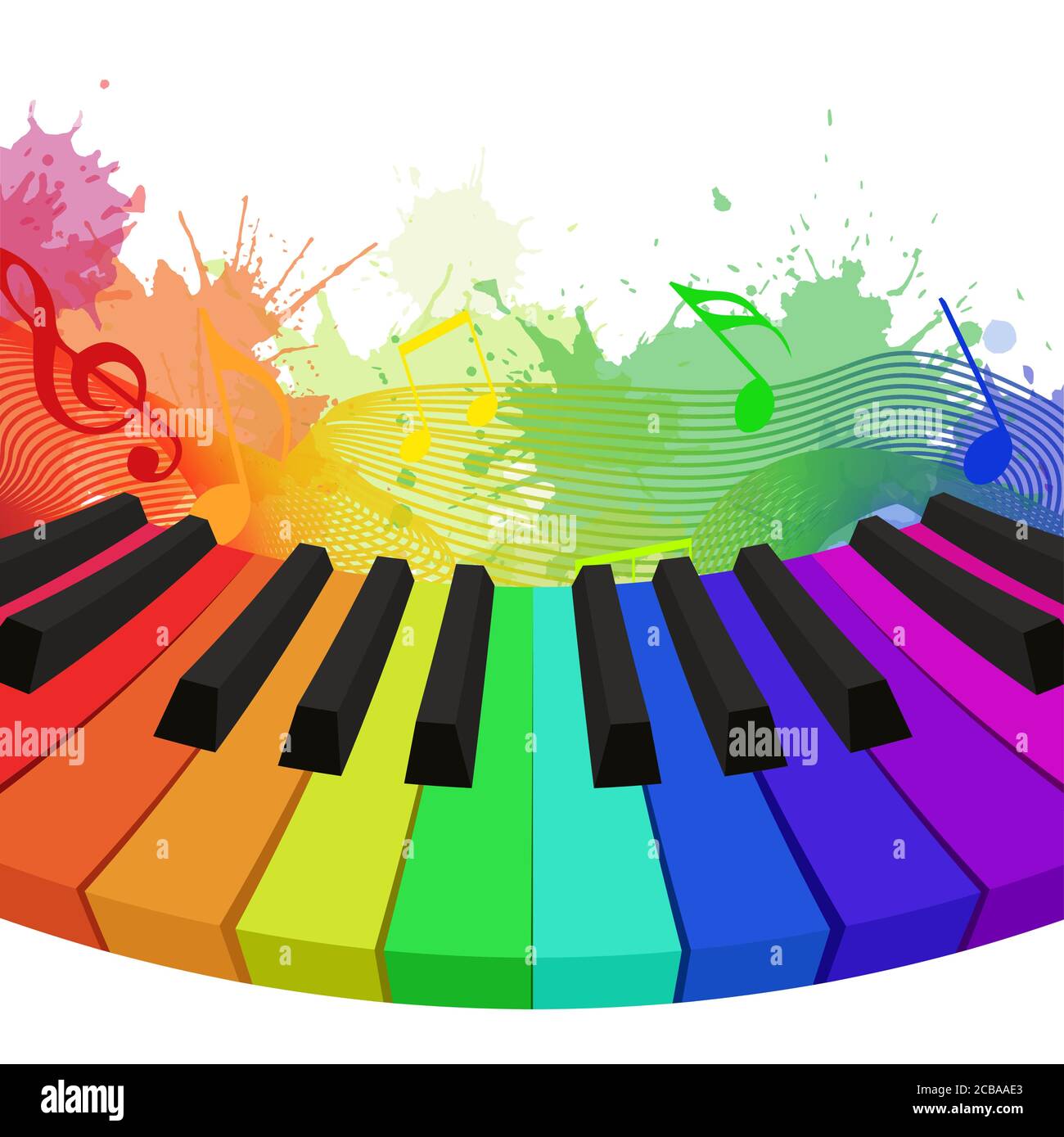Illustration of rainbow colored piano keys, musical notes and ...