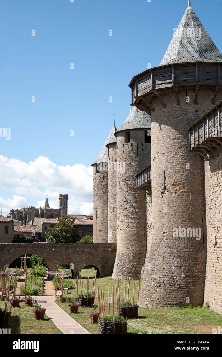 View of Carcassonne Castle and its access bridge located at Carcassonne ...