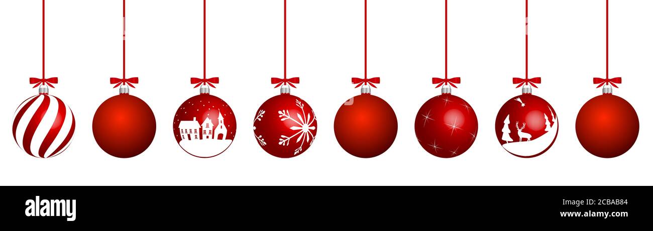 Illustration of handing red Christmas tree baubles isolated on a white ...