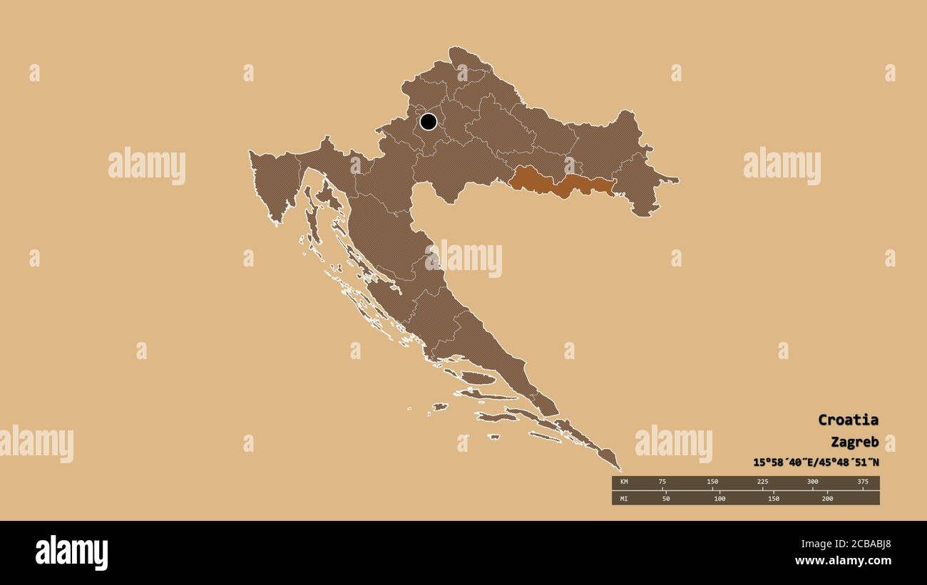 Desaturated shape of Croatia with its capital, main regional division ...