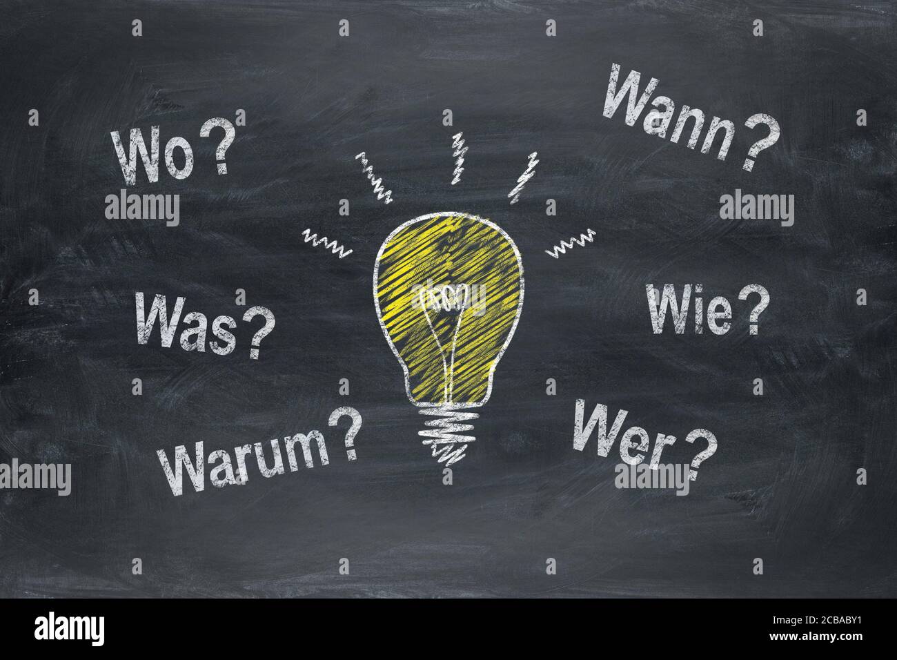 Illustration of a light bulb with different question words in german on ...