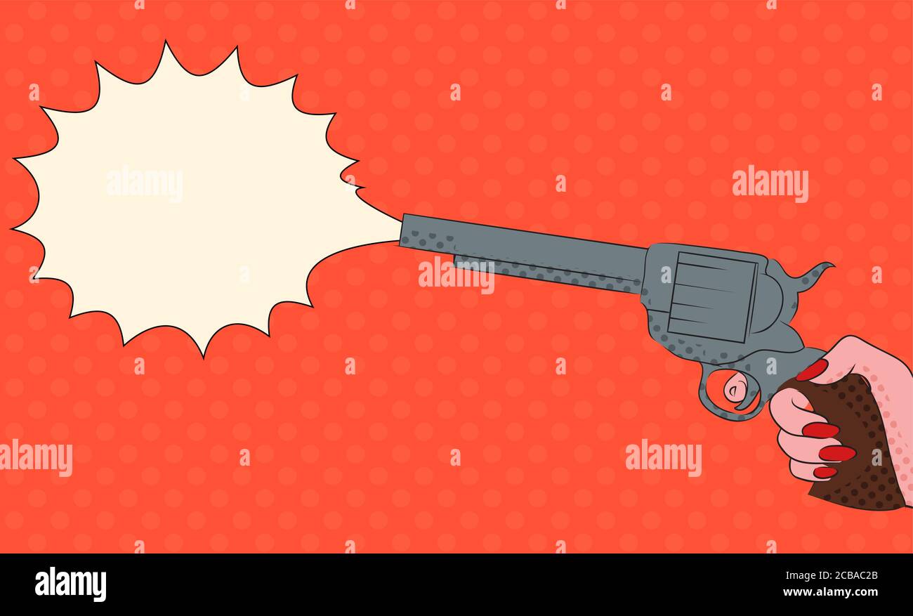 Pop art illustration with female hand with a gun with bubble shot for ...