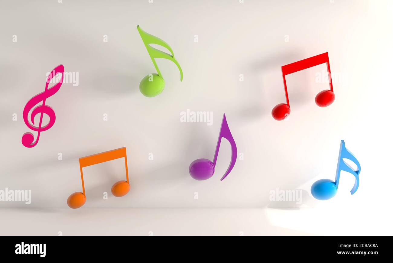 3D rendering illustration of colorful music notes on a white background ...