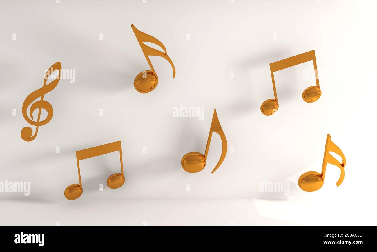 3D rendering illustration of yellow music notes on a white background ...