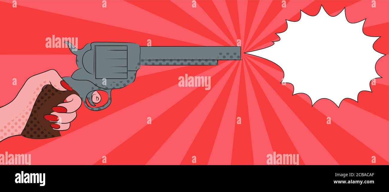Pop art illustration with female hand with a gun with bubble shot for ...
