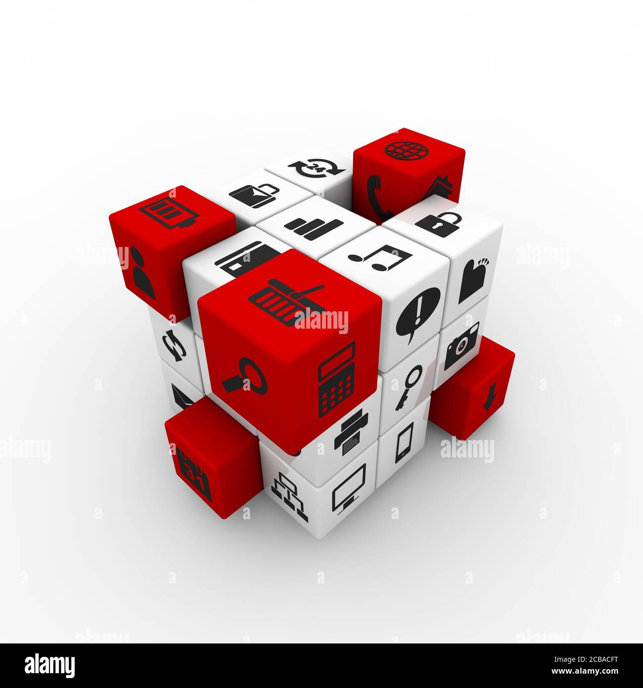 3D rendering illustration of a cube with mobile symbols on a white ...