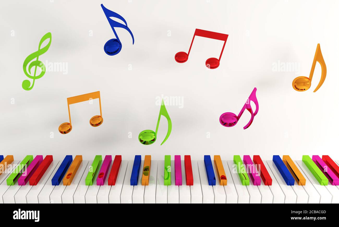 Colorful illustration of music notes above a piano keyboard on a white ...