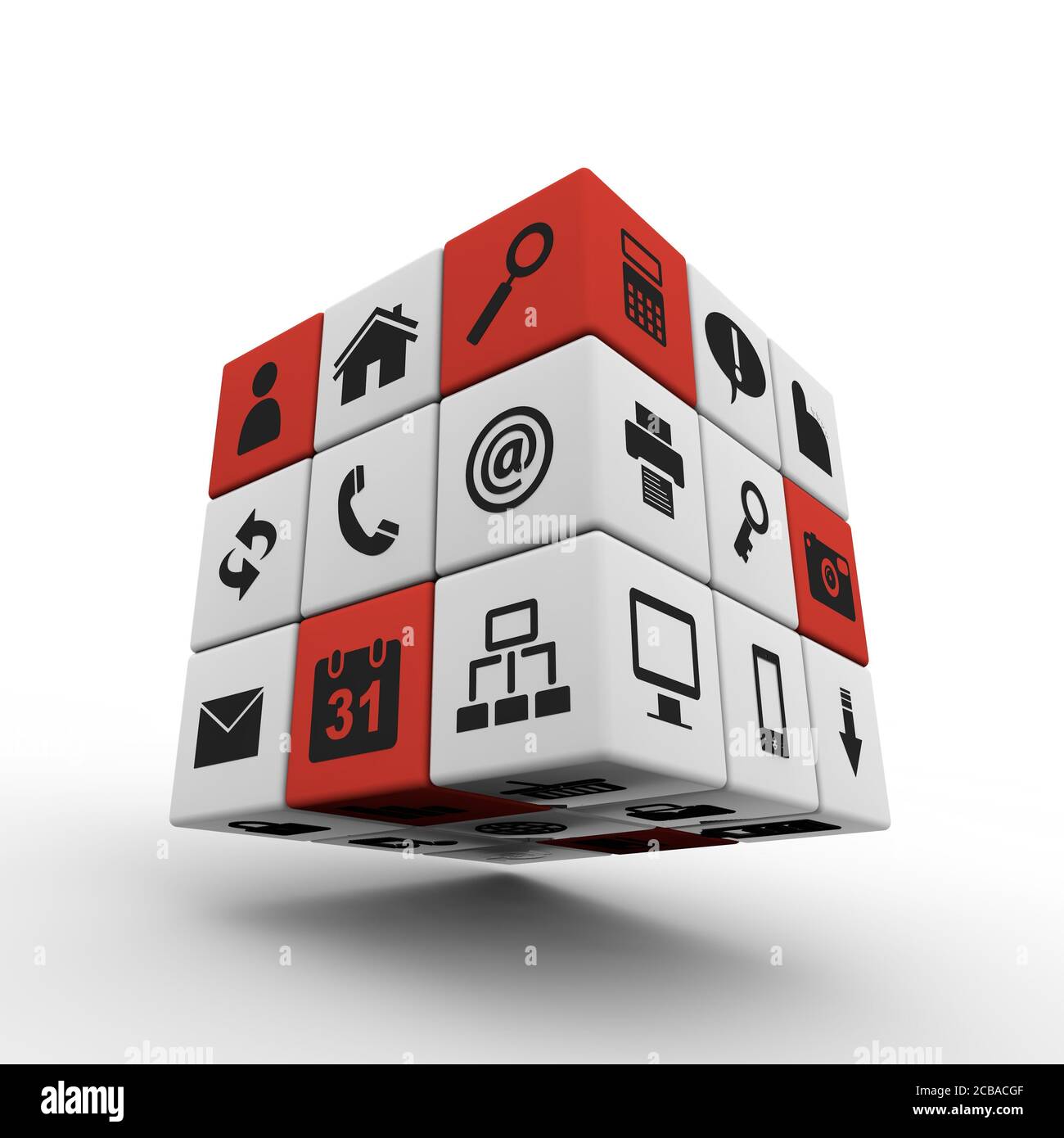 3D rendering illustration of a cube with mobile icons on a white ...