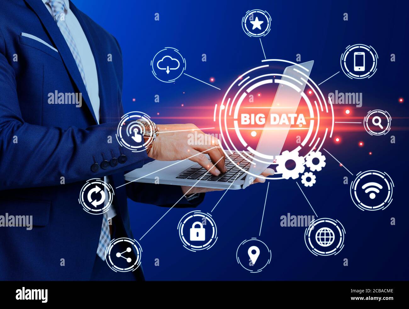 Modern technologies. Businessman using laptop and big data pictograms ...