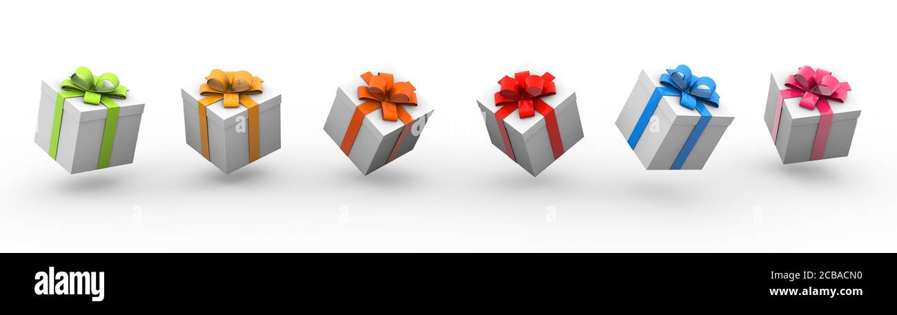 3D rendering of white boxes in a row with colorful ribbons isolated on ...