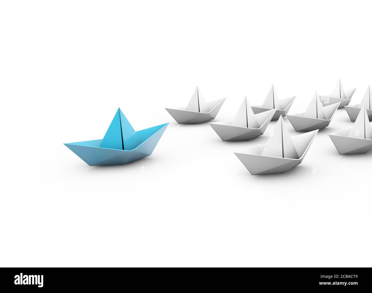 3D rendering of a blue paper boat leading a group of white paper boats ...