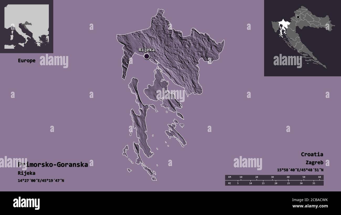 Shape of Primorsko-Goranska, county of Croatia, and its capital ...