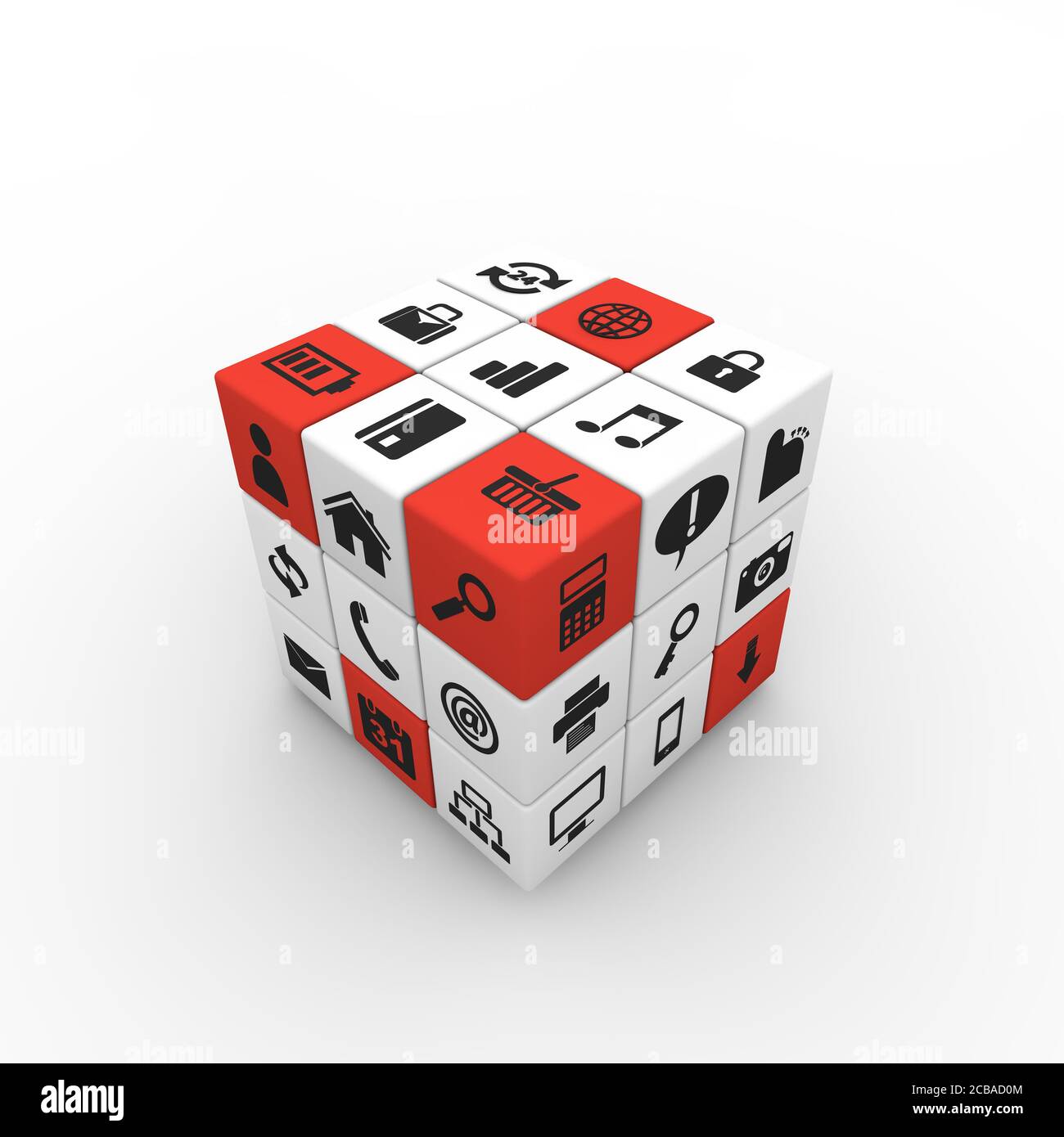3D rendering of a cube with various icons isolated on a white ...