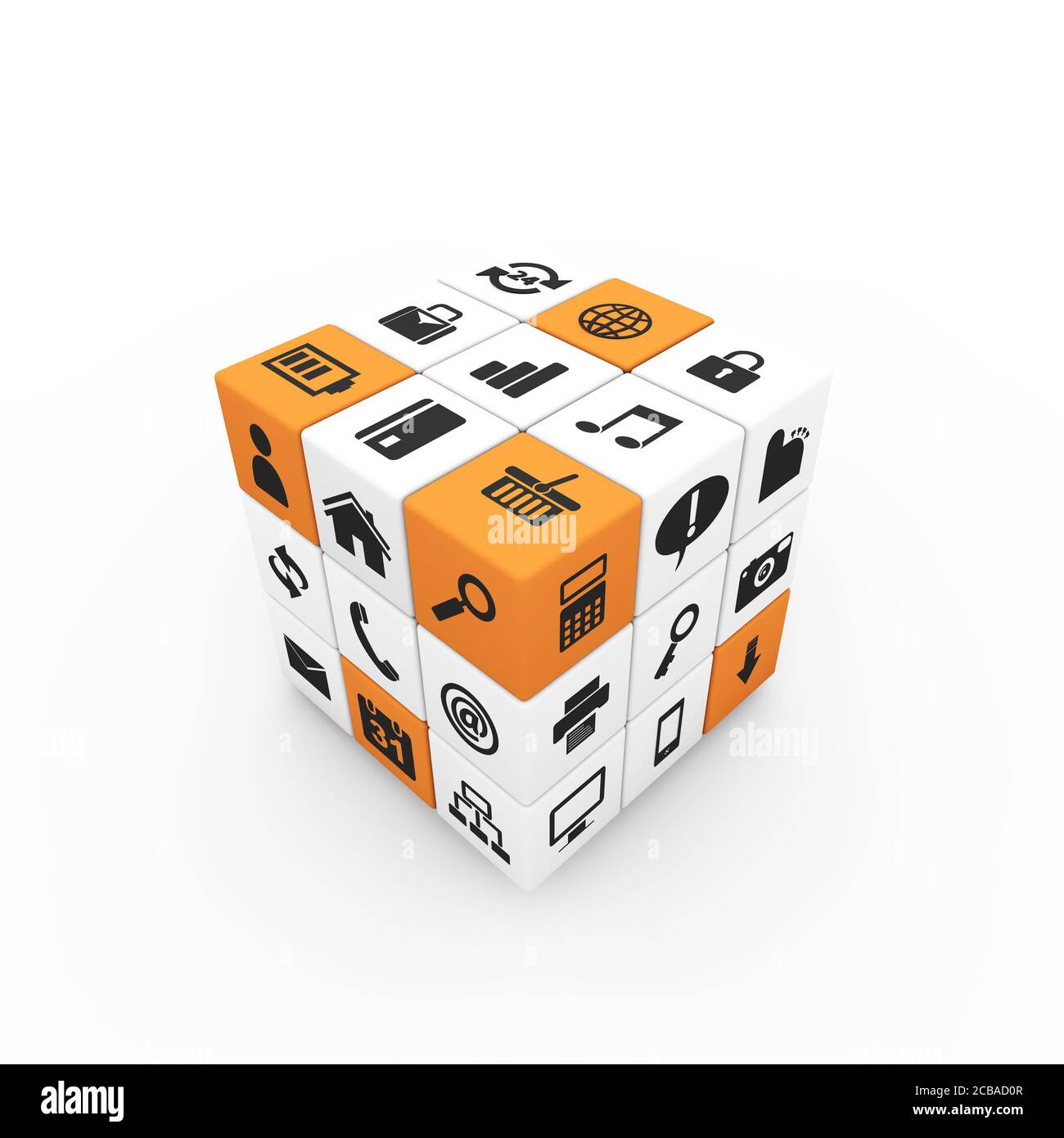 Illustration of a yellow and white cube with differents icons on its ...