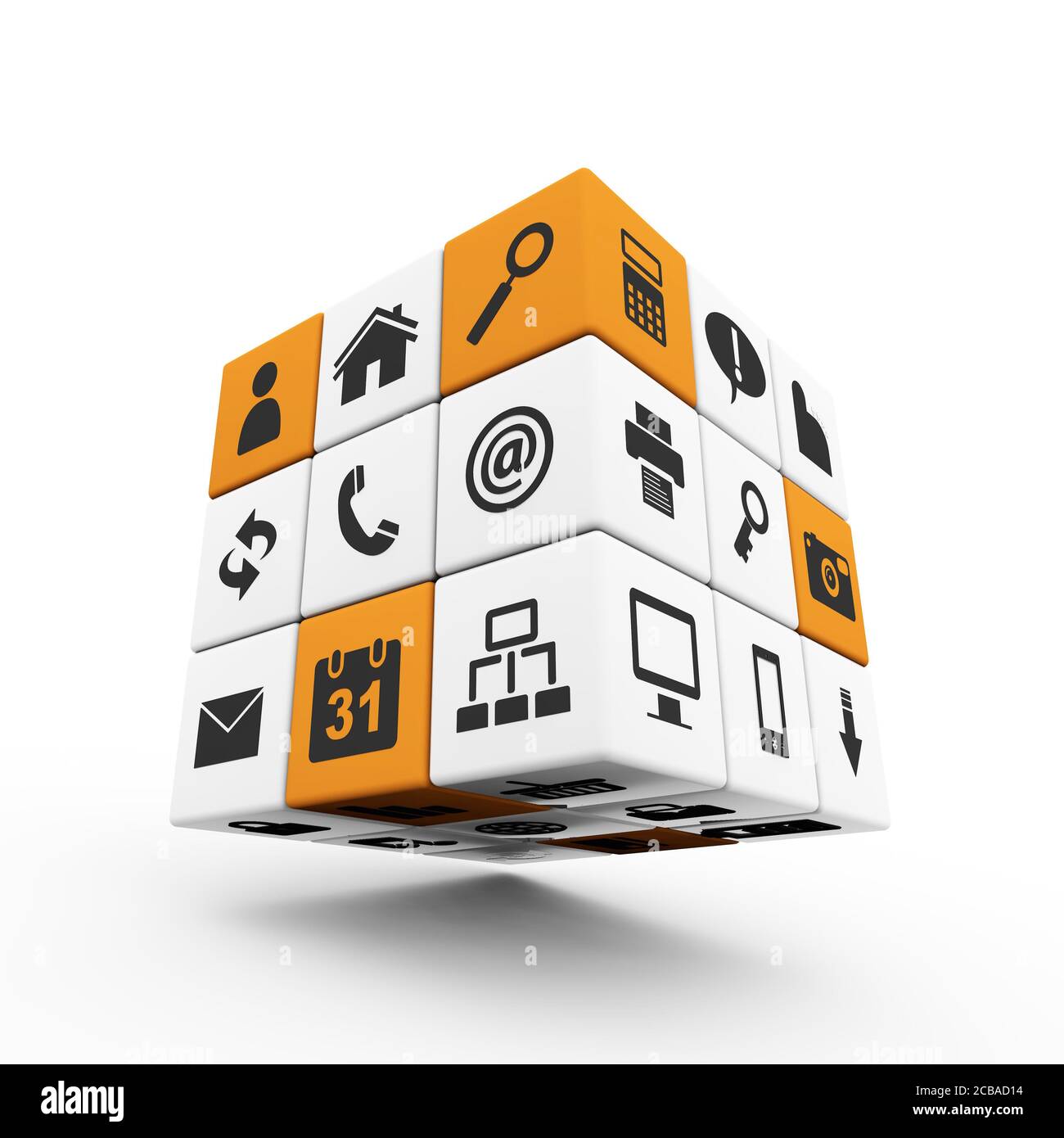 Illustration of a yellow and white cube with differents icons on its ...