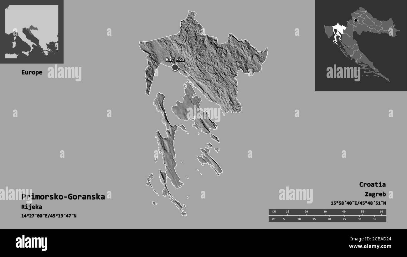 Shape of Primorsko-Goranska, county of Croatia, and its capital ...