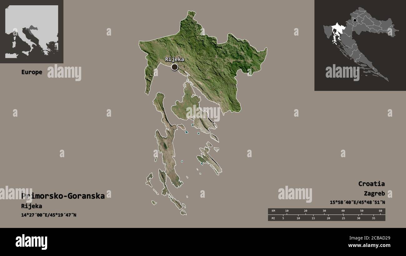 Shape of Primorsko-Goranska, county of Croatia, and its capital ...